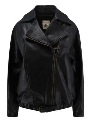 SEMICOUTURE Leather Jacket With Zipper And Belted Hem - Black
