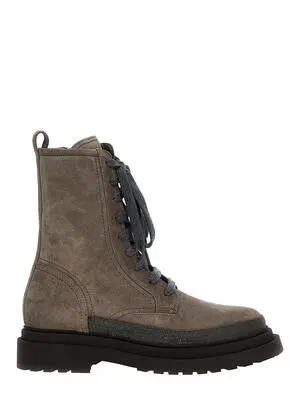 Brunello Cucinelli Monile Suede Lace-up Ankle Boots - Gray