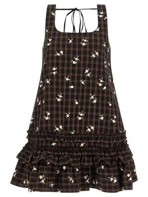 GANNI Check Flower Embroidered Cotton Mini Dress - Brown