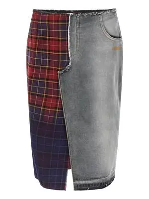 Off-White Patchwork Denim Midi Skirt With Plaid Accent - Multicolor