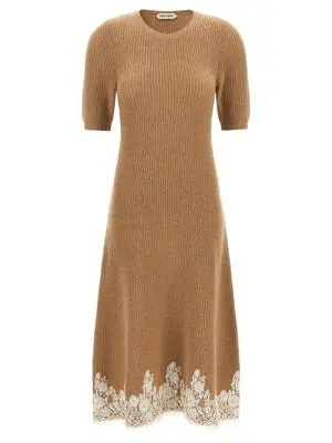 Alberta Ferretti Ribbed Knit Midi Dress With Lace Hem - Brown