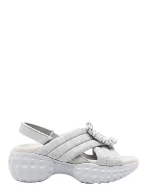 ROGER VIVIER Grey Jersey Quilted Crystal Buckle Platform Sandals - Multicolor