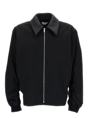 Bottega Veneta Black Cotton-blend Bomber Jacket With Intrecciato Leather Collar - Multicolor