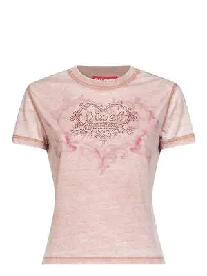 DIESEL® Diesel Pink Rhinestone Embellished Jersey T-Shirt Multicolor