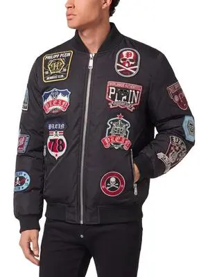 Philipp Plein Nylon Bomber Jacket With Patches - Black