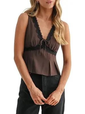 ALL IN FAVOR Sleeveless Pleated V-neck Blouse With Lace Trim - Espresso