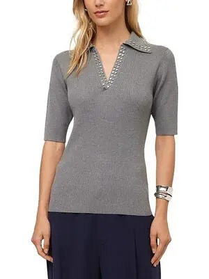 Fifteen Twenty Eleanor Embellished Polo Sweater - Gray
