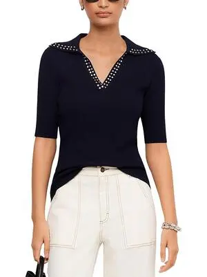 Fifteen Twenty Eleanor Embellished Polo Sweater - Navy
