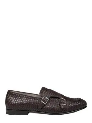 MILLE885 Woven Leather Double Monk Strap Loafers - Dark Brown