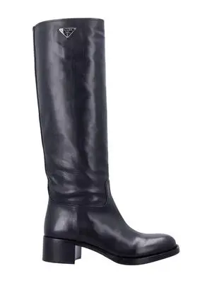 Prada Leather Tall Riding Boots With Enameled Triangle Logo And Block Heel - Nero