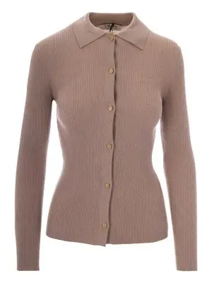 Max Mara S MAX MARA Ribbed Knit Button-Front Cardigan Beige