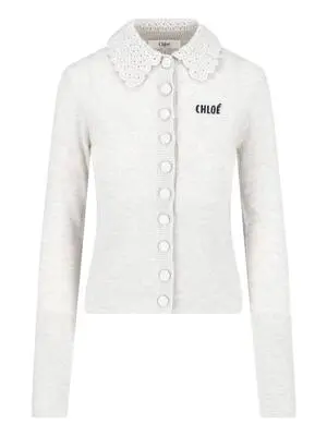 Chloé Wool Cardigan With Lace Collar - Grey