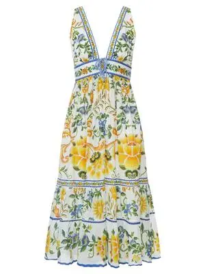 Farm Rio Floral Tapestry Rope Tie V-neck Midi Dress - Bianco