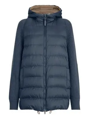 Brunello Cucinelli Quilted Nylon Midi Down Jacket With Knit Sleeves - Multicolor