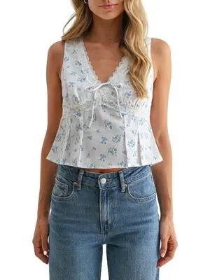 ALL IN FAVOR Lace Trim Floral Print Cropped Top - Ivory Blue