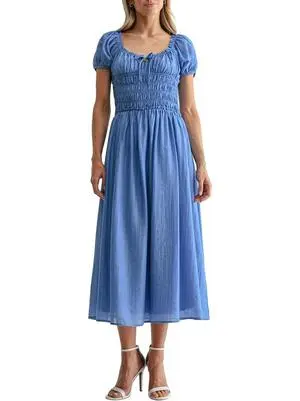 ALL IN FAVOR Puff Sleeve Shirred Midi Dress - Blue