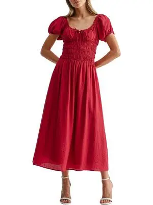 ALL IN FAVOR Puff Sleeve Shirred Midi Dress - Cherry Red