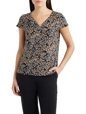 Anne Klein Printed V-neck Short Sleeve Top - Anne Black Multi
