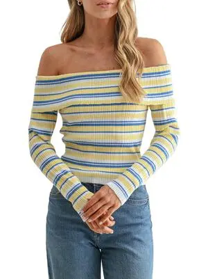 ALL IN FAVOR Off-the-shoulder Striped Ribbed Knit Top - Blue Yellow