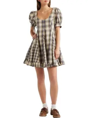 DAMSON MADDER Sabina Plaid Mini Godet Dress With Puff Sleeves And Ruffle Hem - Cardamon