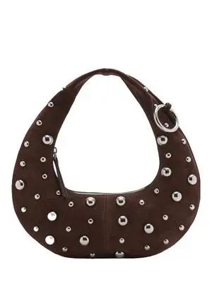 Mango Embellished Leather Handbag With Top Zip Closure - Chocolate