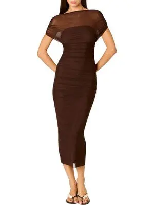NIA Aria Ruched Off-the-shoulder Mesh Midi Dress - Chocolate