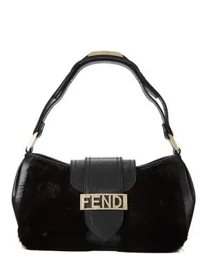 Fendi Fur Logo Flap Baguette - Black