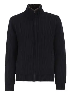 Herno Pure Wool Knit Jacket With High Collar And Faux Fur Lining - Blue