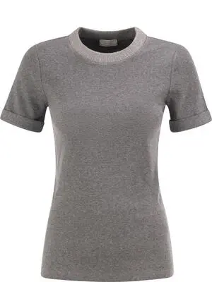Peserico Stretch Cotton Jersey T-shirt With Lamé Knit Neckline - Gray