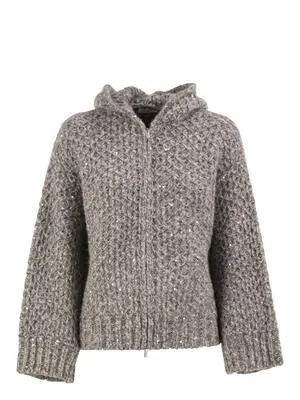 Peserico Alpaca Blend Knitted Hooded Cardigan With Sequins - Gray
