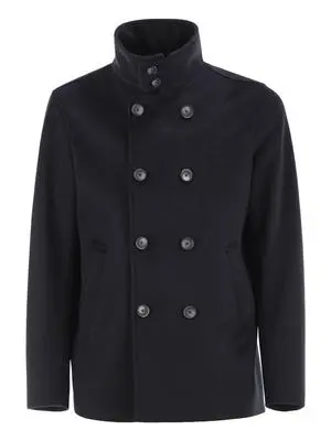 Herno Double-breasted Jacket In Wool-effect Fabric With Stand Collar - Blue