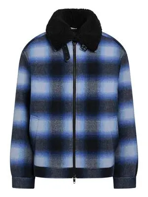 Balenciaga Plaid Wool Flannel Bomber Jacket With Shearling Collar - Blue