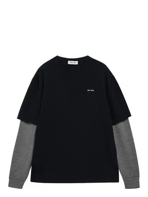 Miu Miu Wool And Cashmere Sweater With Striped Sleeves - Blue