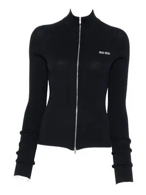 Miu Miu Ribbed Knit Zip-up Cardigan With Embroidered Logo - Multicolor