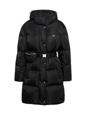 Prada Re-nylon Long Down Jacket With Belt Bag - Black