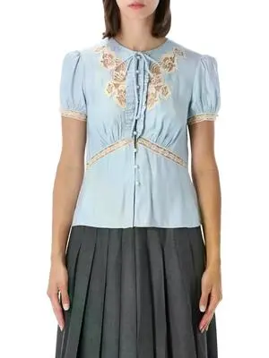 SELF-PORTRAIT Lace-trimmed Ruffled Blouse - Blue