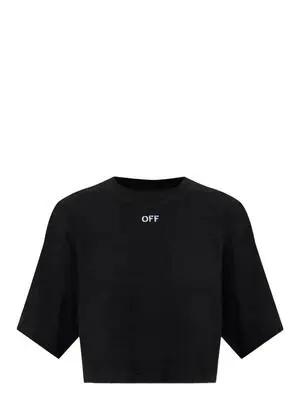 Off-White Logo Embroidered Ribbed Cropped T-shirt - Black