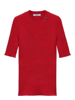 Prada Ribbed Knit Wool Crew Neck Short Sleeve Sweater - Red