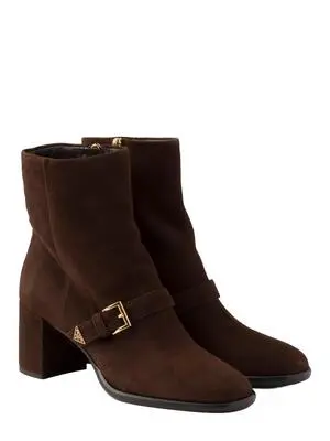 Prada Suede Ankle Boots With Buckle Detail - Brown