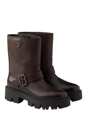 Prada Leather Buckled Boots - Brown
