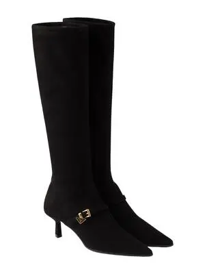 Prada Stretch Suede Boots With Logo Engraved Buckle - Black