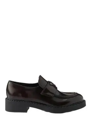 Prada Chocolate Brushed Leather Loafers With Enamel Triangle Logo - Brown