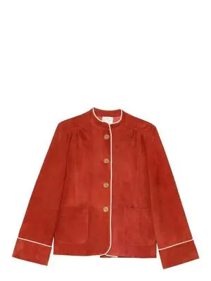FORTE_FORTE Piped Trim Suede Jacket - Brown