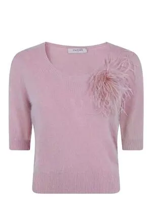 TWINSET Feather-embellished Puff-sleeve Sweater - Pink