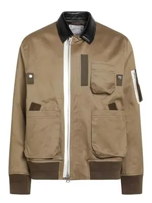 Sacai Sacai Beige Cotton And Nylon Bomber Jacket With Leather Collar Cream