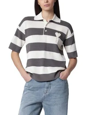 AMI Paris Striped Cotton Knit Polo Shirt - White