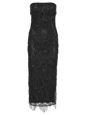 ROTATE BY BIRGER CHRISTENSEN Sequin Beaded Fringe Midi Tube Dress - Nero
