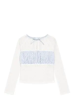 Carmen Says Tie-neck Gingham Ruched Jersey Top - White