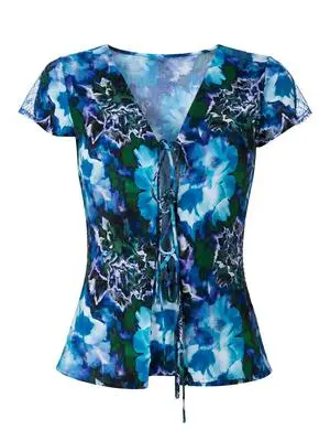 Carmen Says Lotus Flower Print Lace Trimmed Blouse - Blue