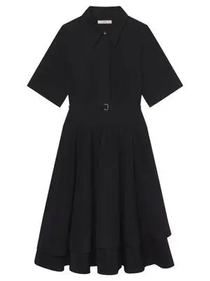 Co Name Short Sleeve Belted Dress In Cotton Poplin - Black